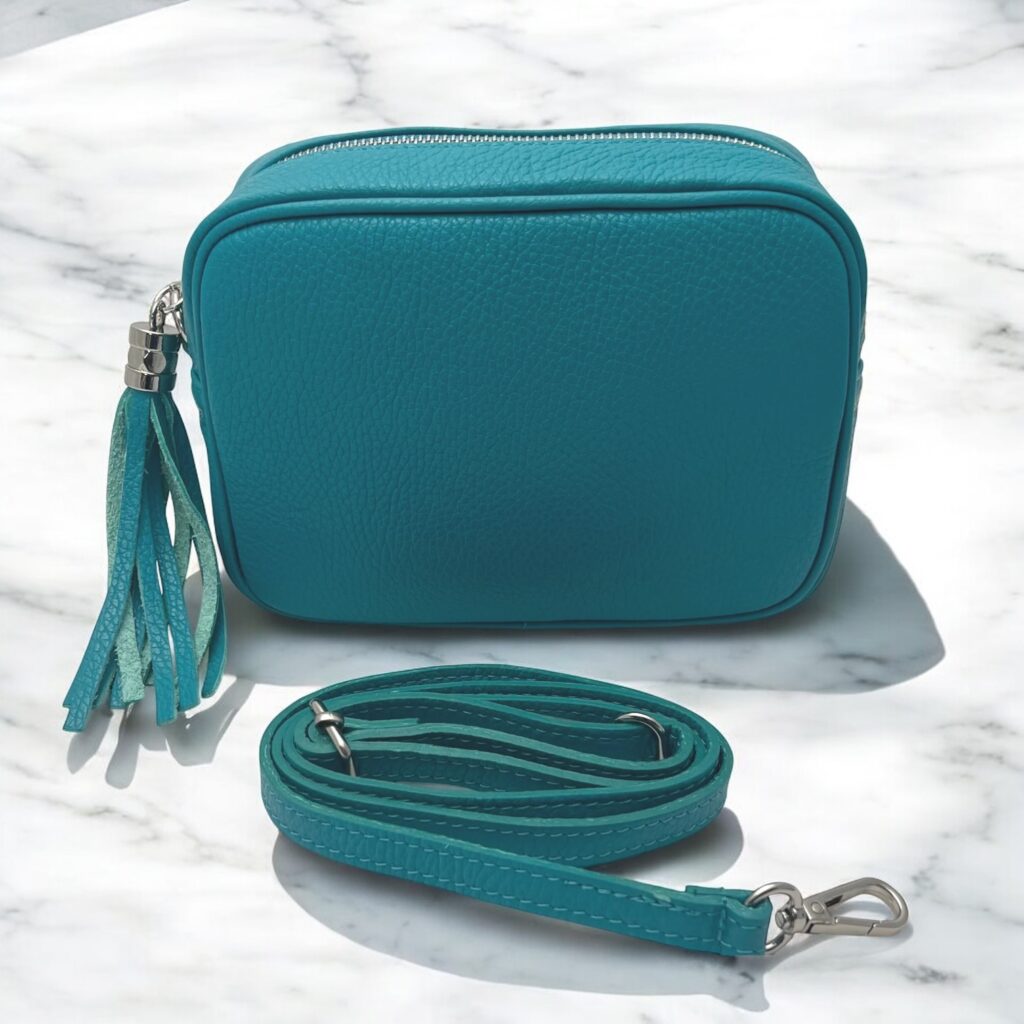 Italian leather, Teal Crossbody camera bag Single zip with long strap ...